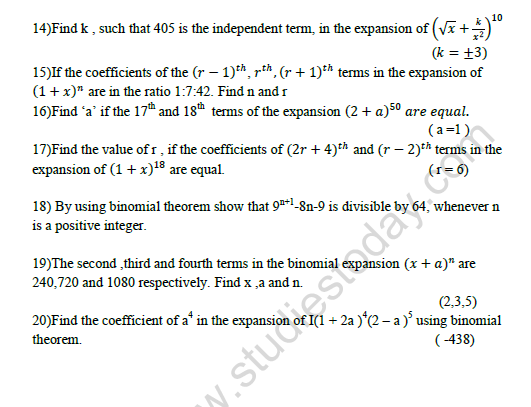 CBSE Class 11 Mathematics Binomial Theorem Worksheet Set A